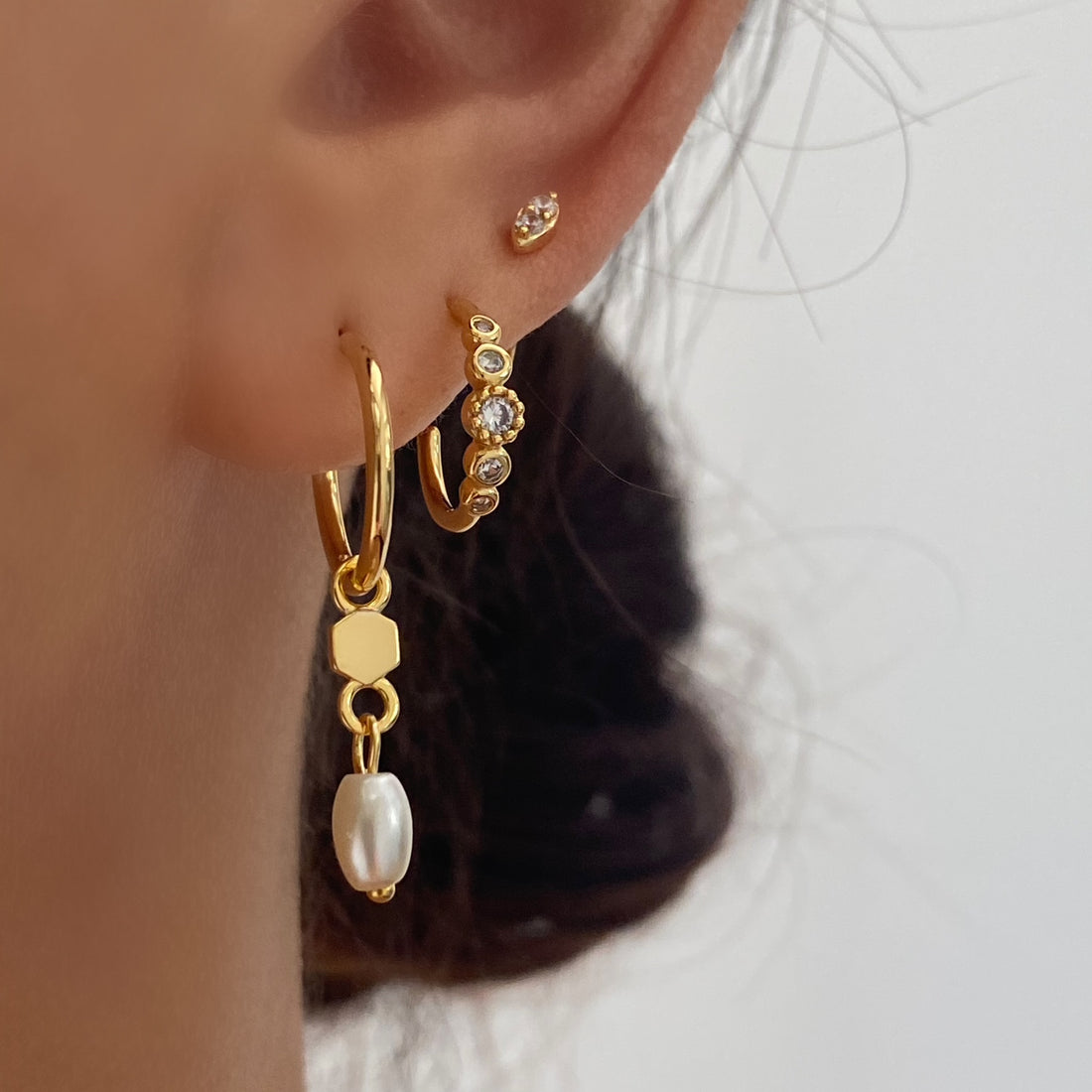 Rice Pearl Dangly ear stack set 925 Sterling Silver Gold 3 pieces set ...