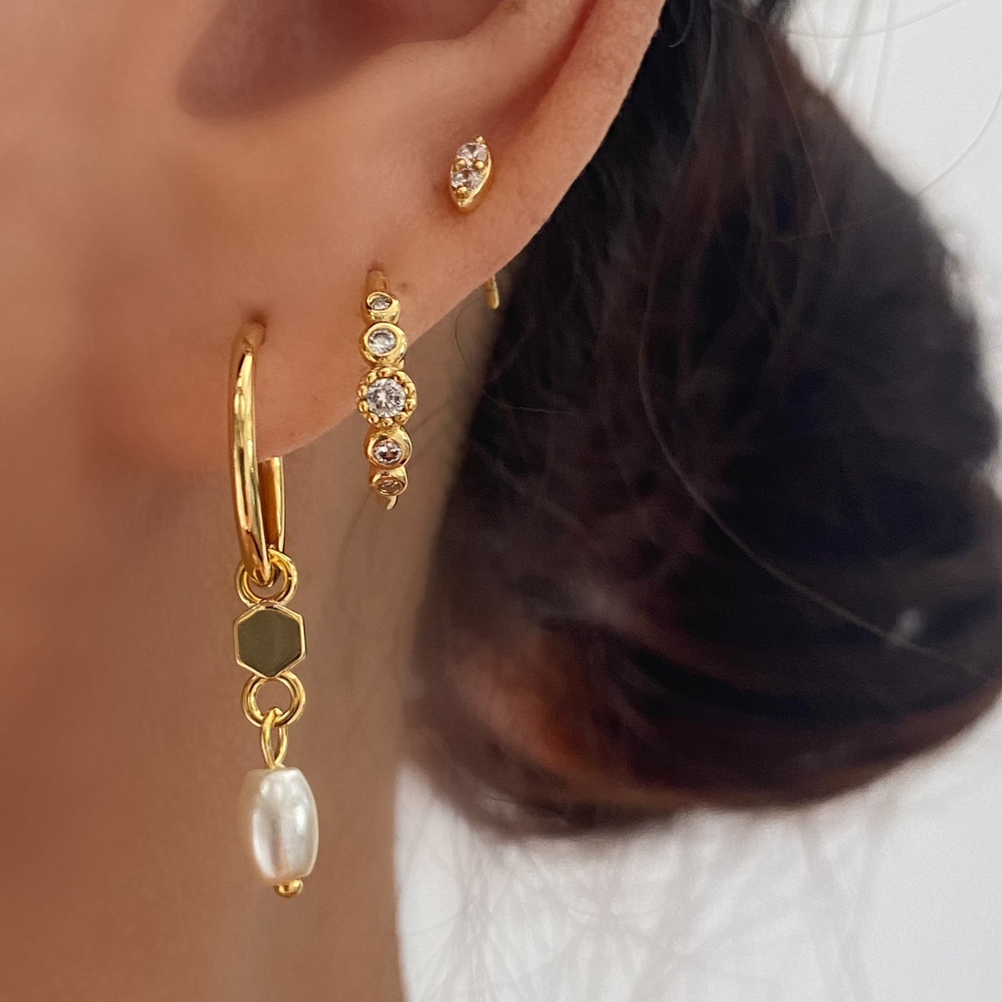 Rice Pearl Dangly ear stack set 925 Sterling Silver Gold 3 pieces set ...