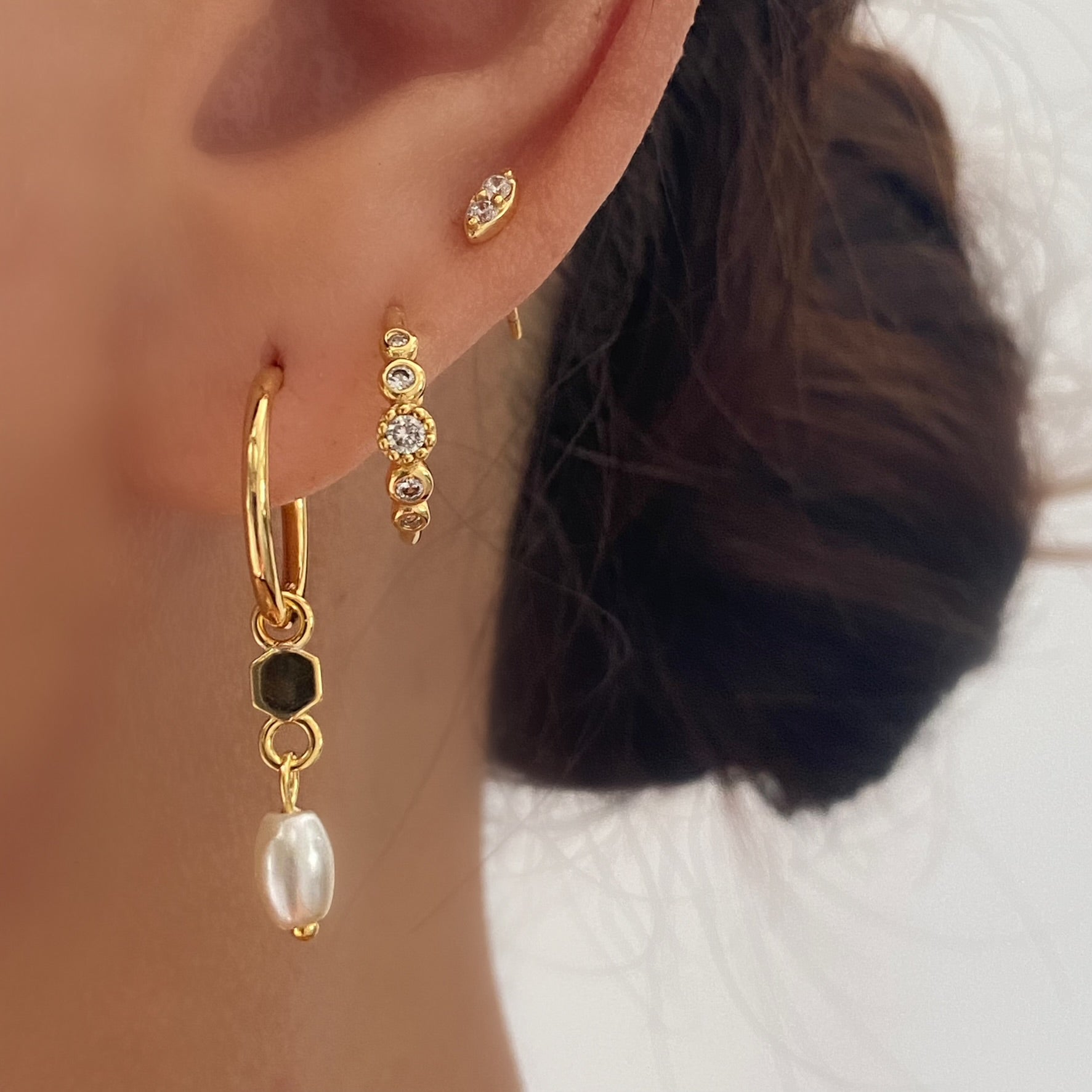 Rice Pearl Dangly ear stack set 925 Sterling Silver Gold 3 pieces set ...