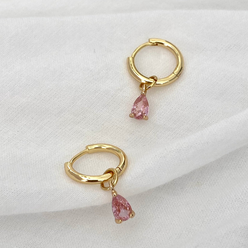 Teardrop CZ Charm 14k Gold Plated Hoop PINK – ANETT