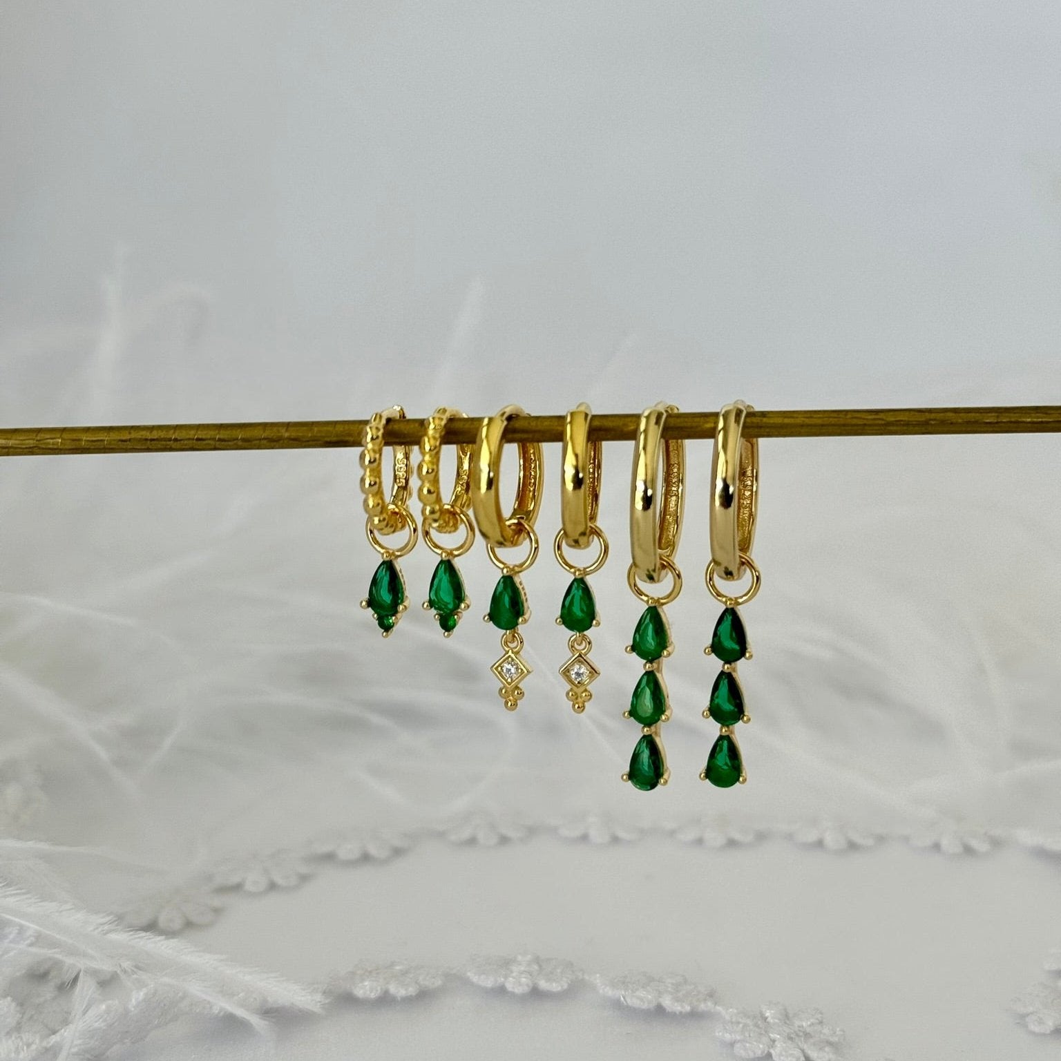 Green 3 Teardrop Dangle Earring Set – 18K Gold-Plated Sterling Silver ...