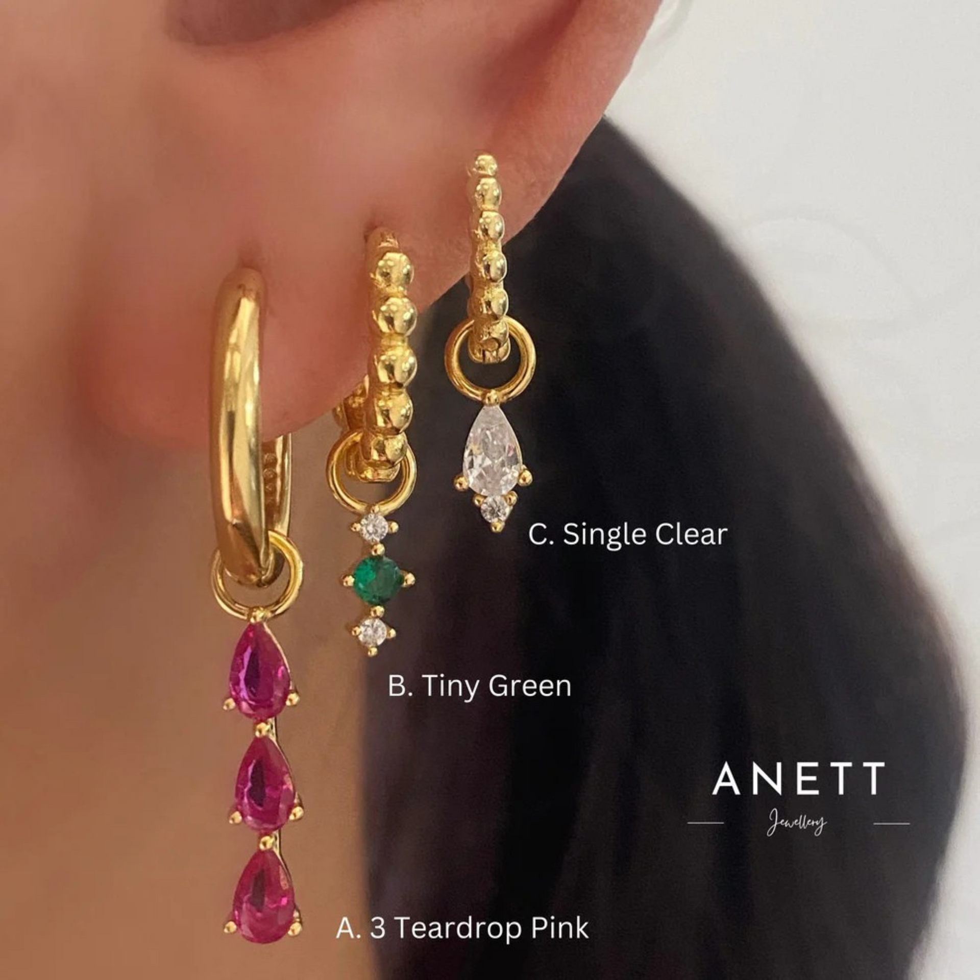 Pink Green Clear Charm Dangle Gold Earring Stack – ANETT